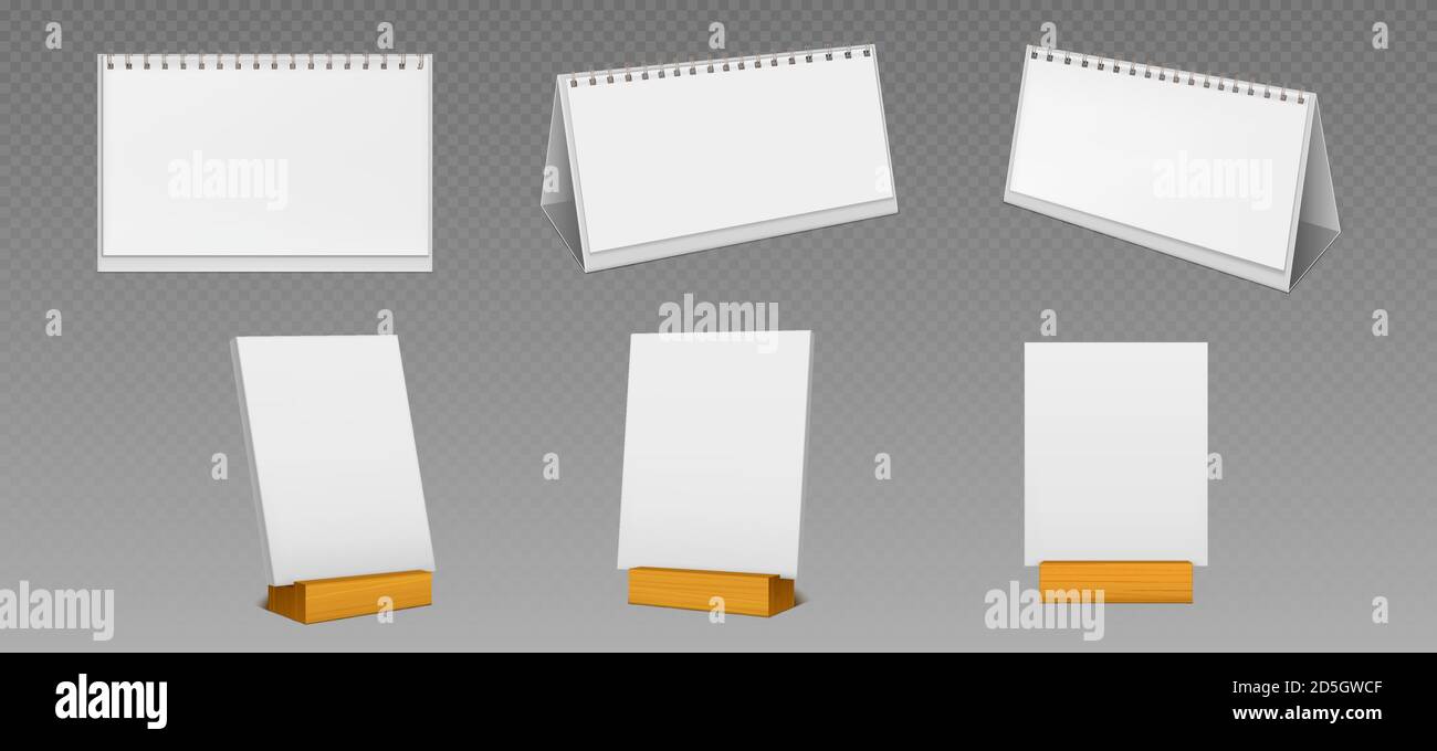 Desktop calendars with spiral and blank pages on wooden display stand ...