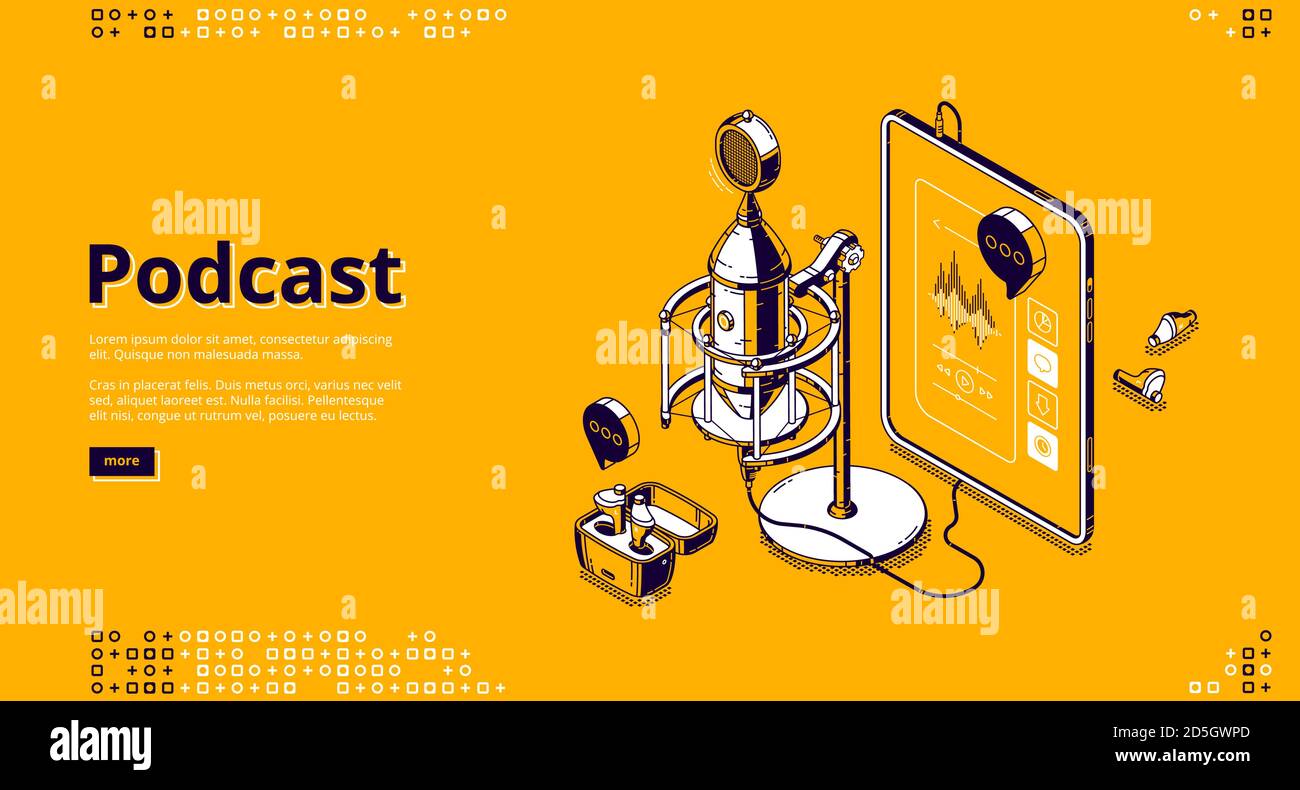 Podcast isometric landing page. Tablet pc with app for listening online ...