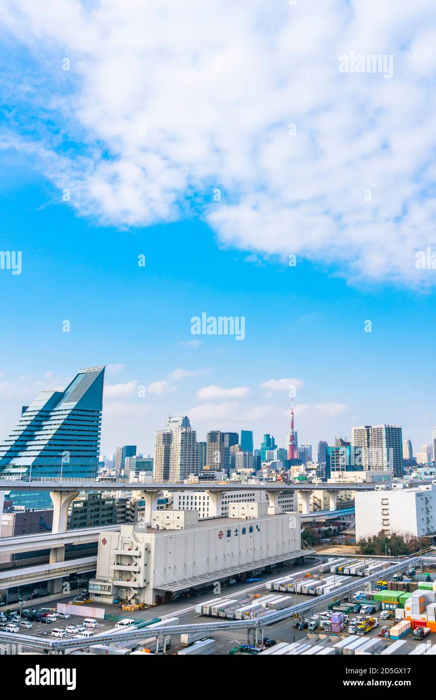 Row of high-rise building stands along the Tokyo Bay at Tokyo Japan ...