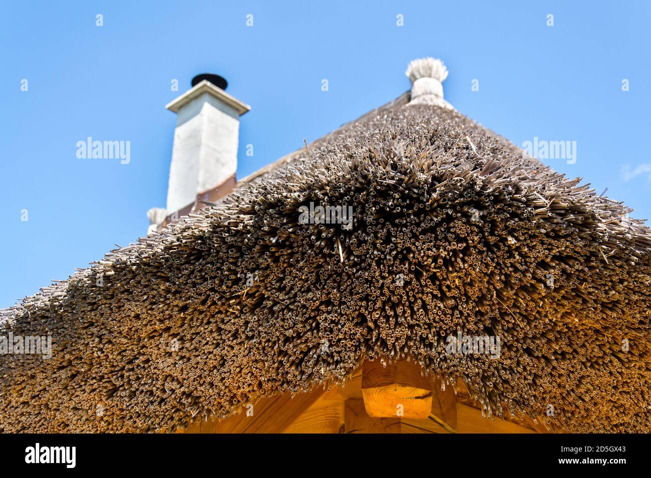Detail of traditional thatched roof from straw or reed on sunny summer ...