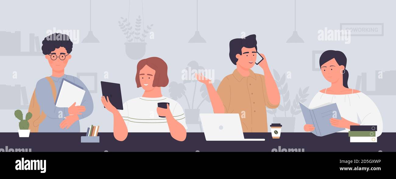 Coworking space area vector illustration. Cartoon flat young creative ...