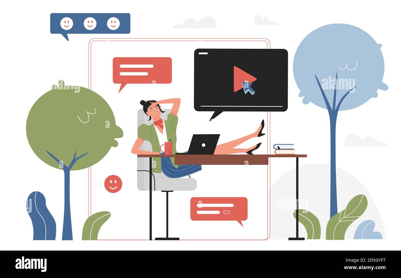 Work break vector illustration. Cartoon young happy business woman ...