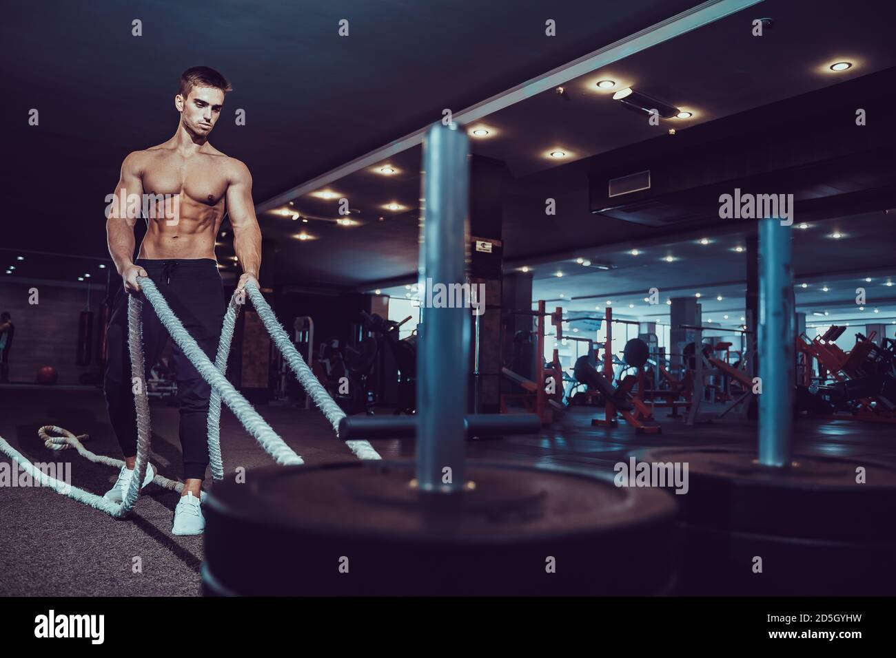 Fitness man working out with battle ropes at gym Stock Photo - Alamy
