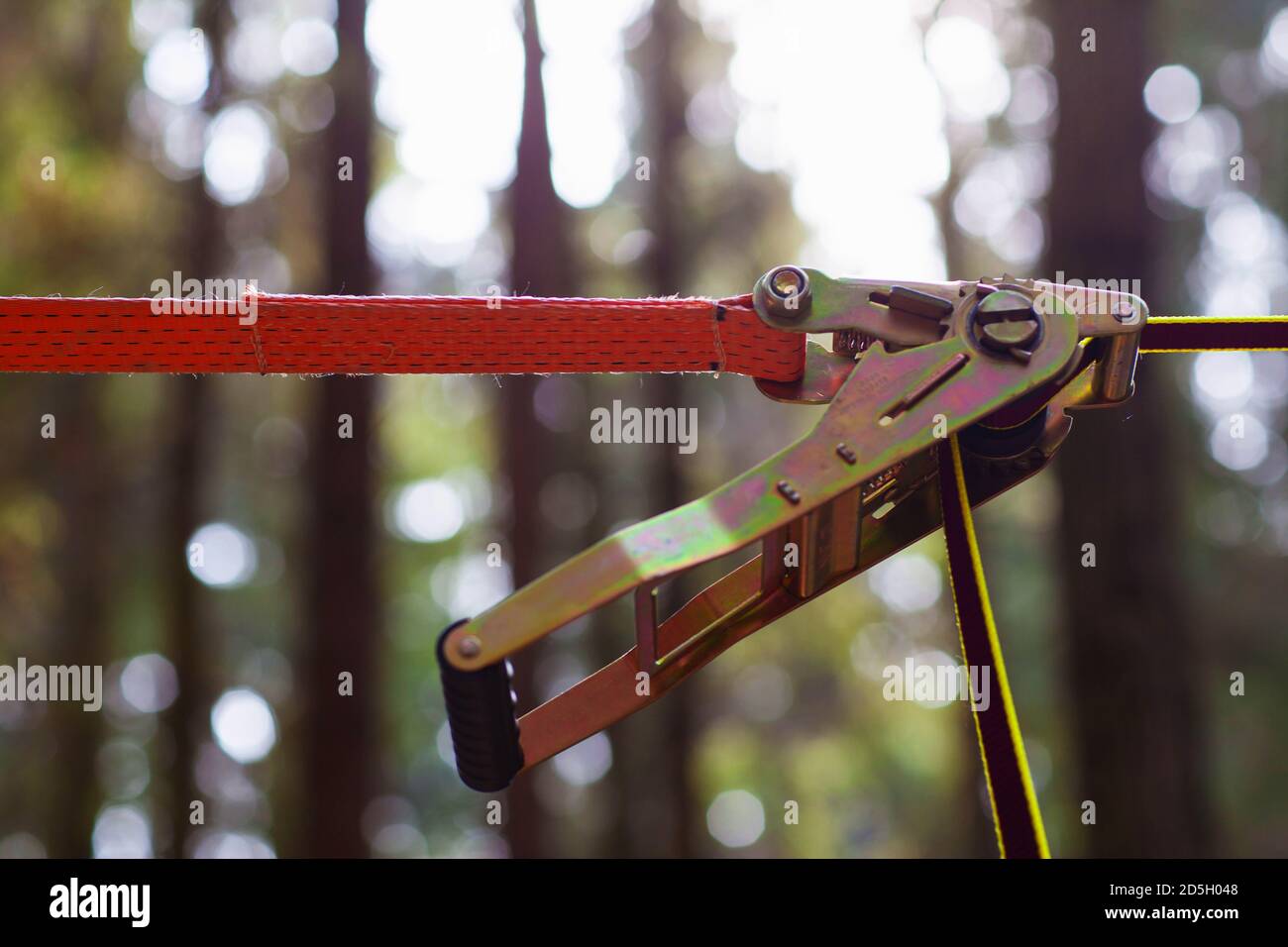 Man walking, jumping and balancing on rope in park Sports a tightrope ...