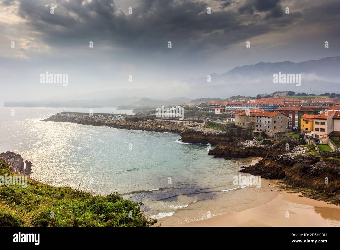 Panoramic of the coastal village of Llanes. Sablon beach. Asturias ...