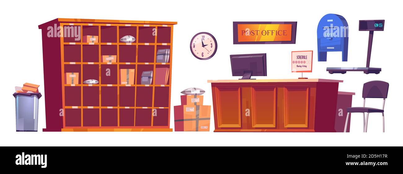 Post office interior stuff, furniture reception desk with computer and ...