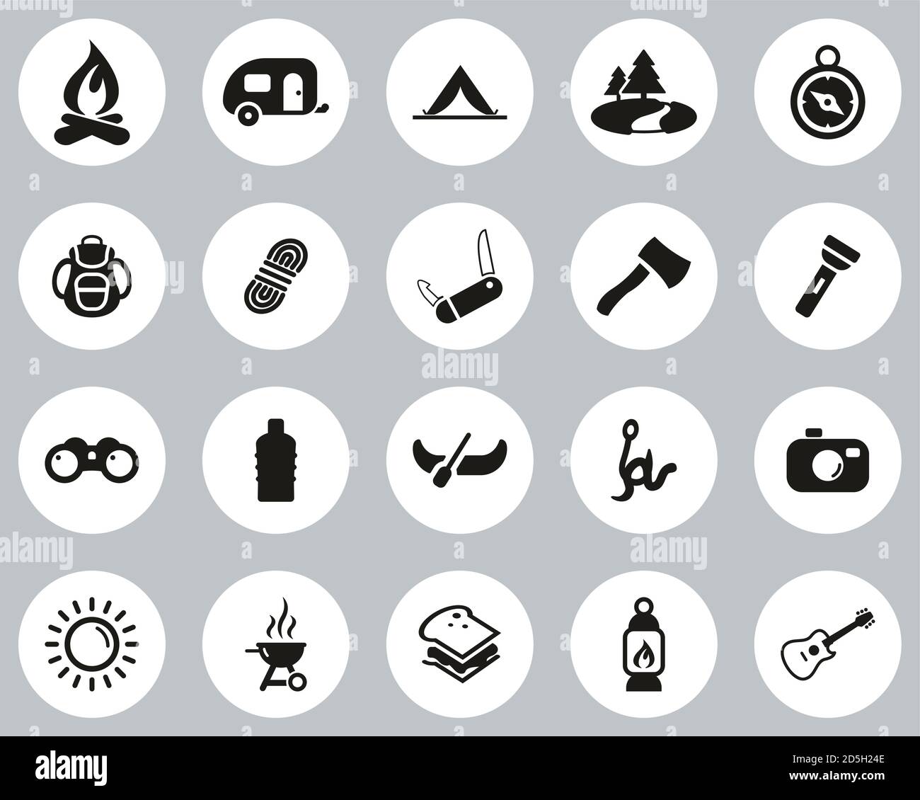 Camping Or Outdoor Adventure Icons Black & White Flat Design Circle Set ...