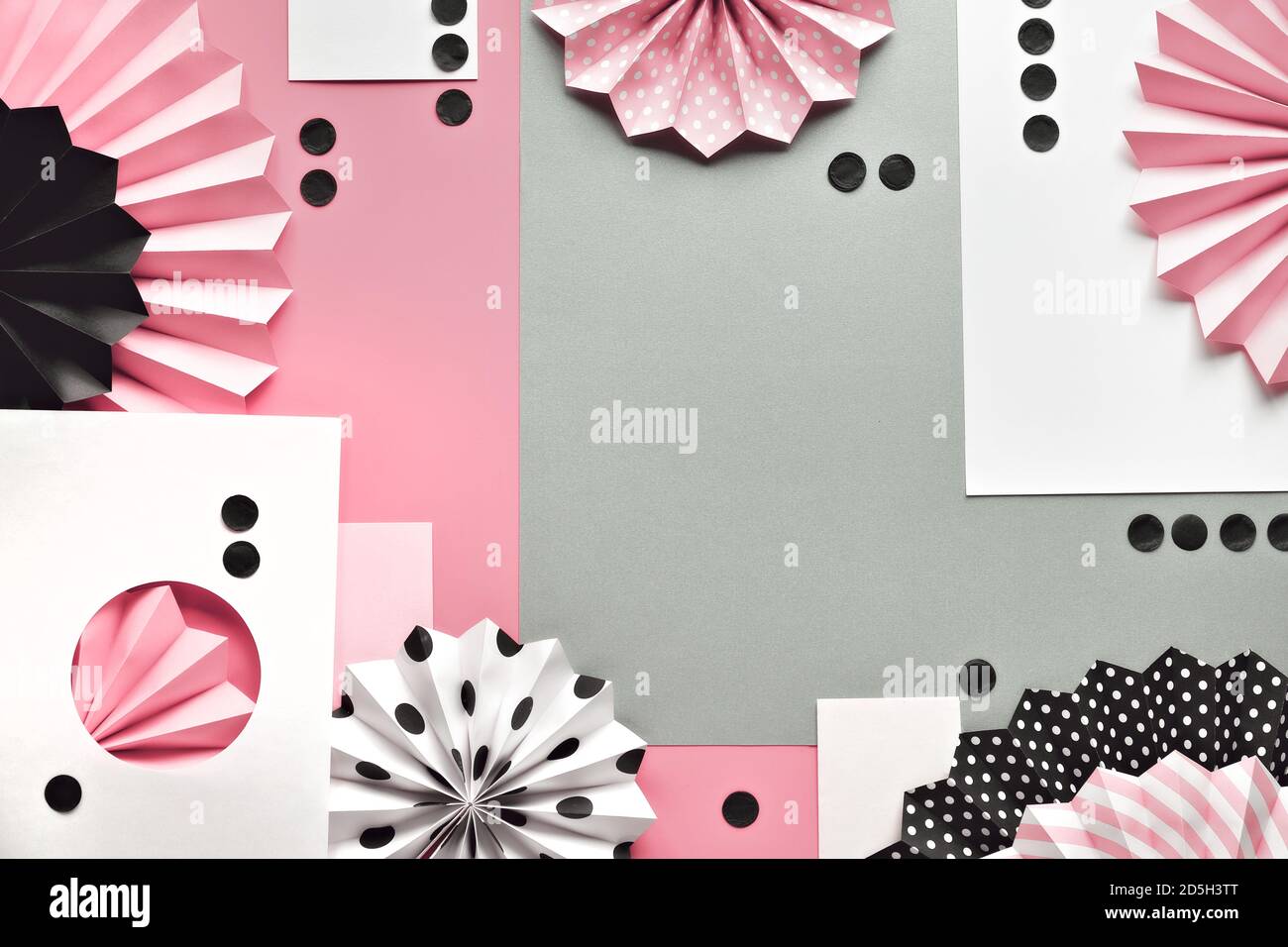 Folded paper fans and confetti in black, pink, white. Geometric ...