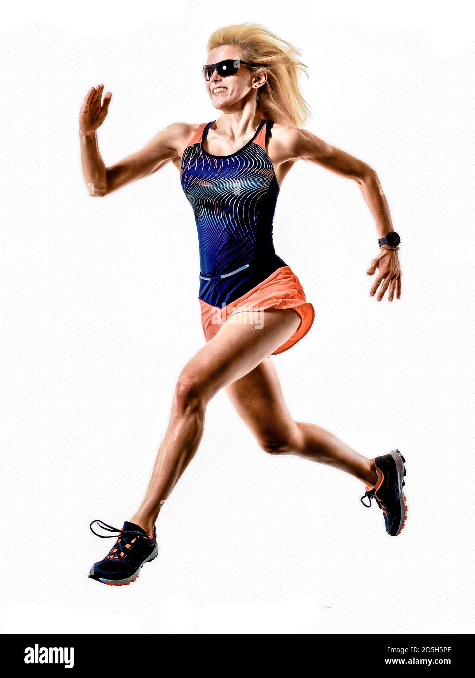 one caucasian beautiful long blond hair woman runner jogger jogging ...