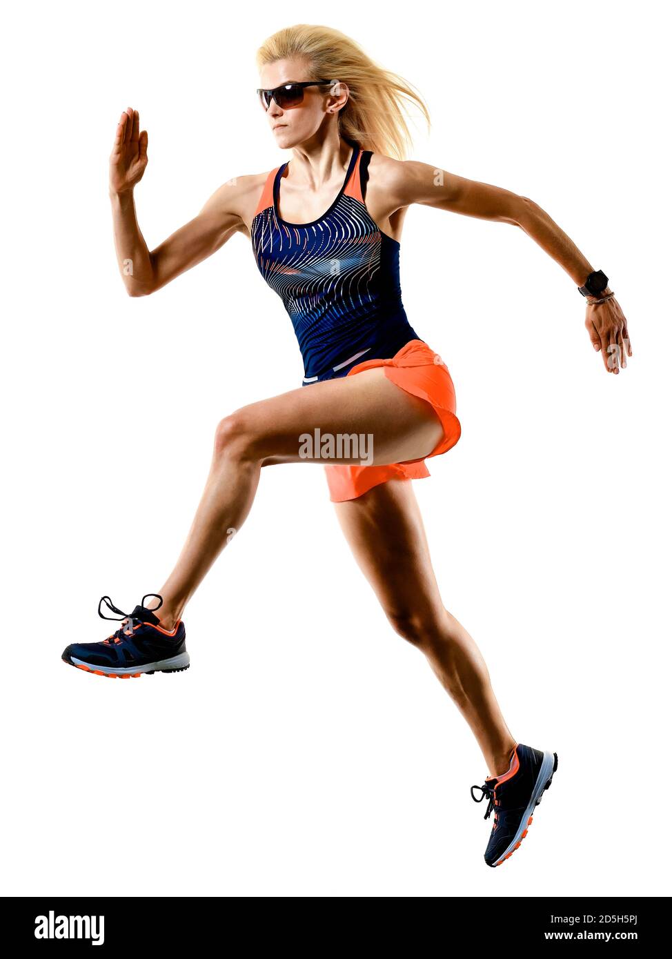 one caucasian beautiful long blond hair woman runner jogger jogging ...