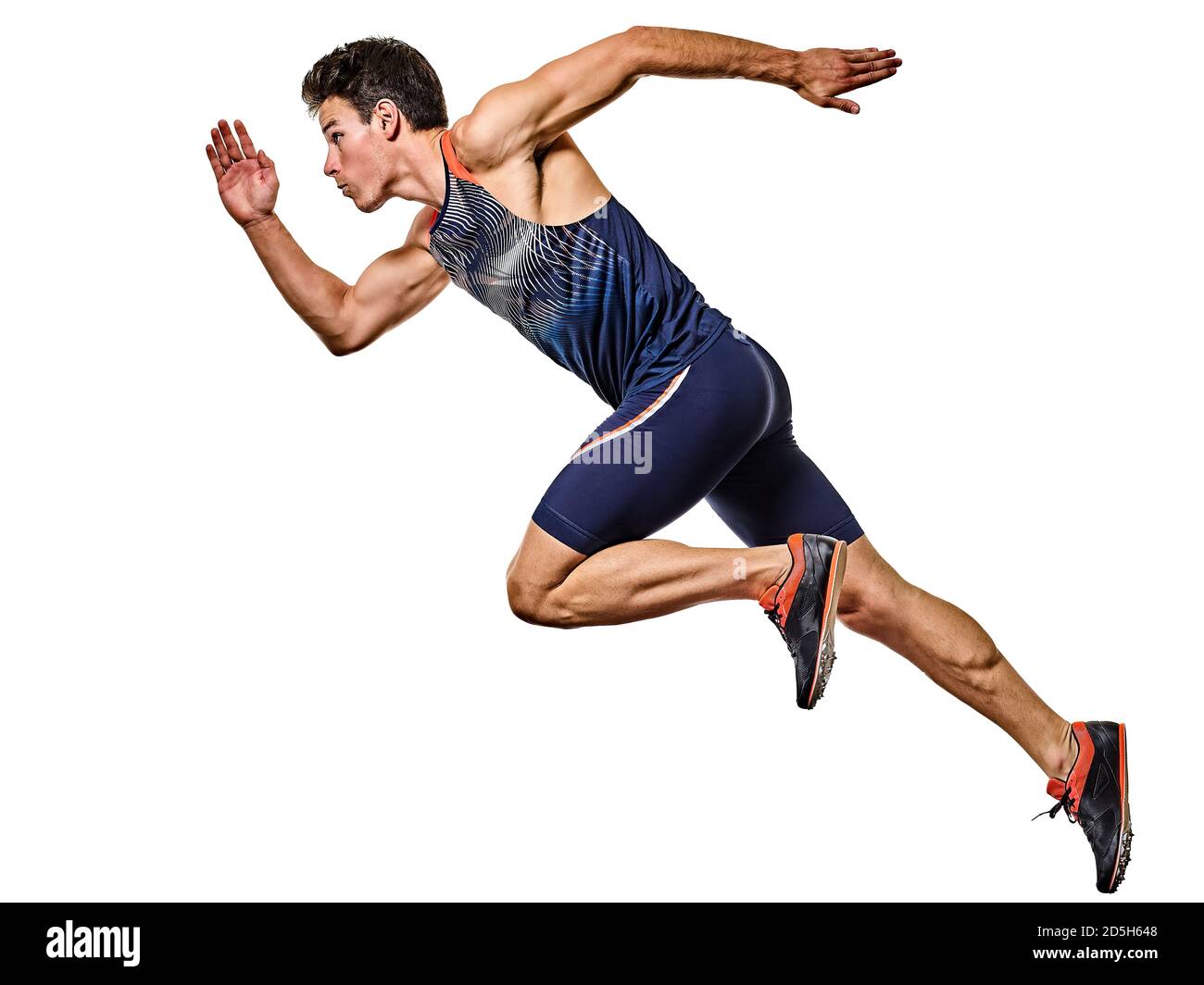 one young caucasian man practicing athletics runner running sprinter ...