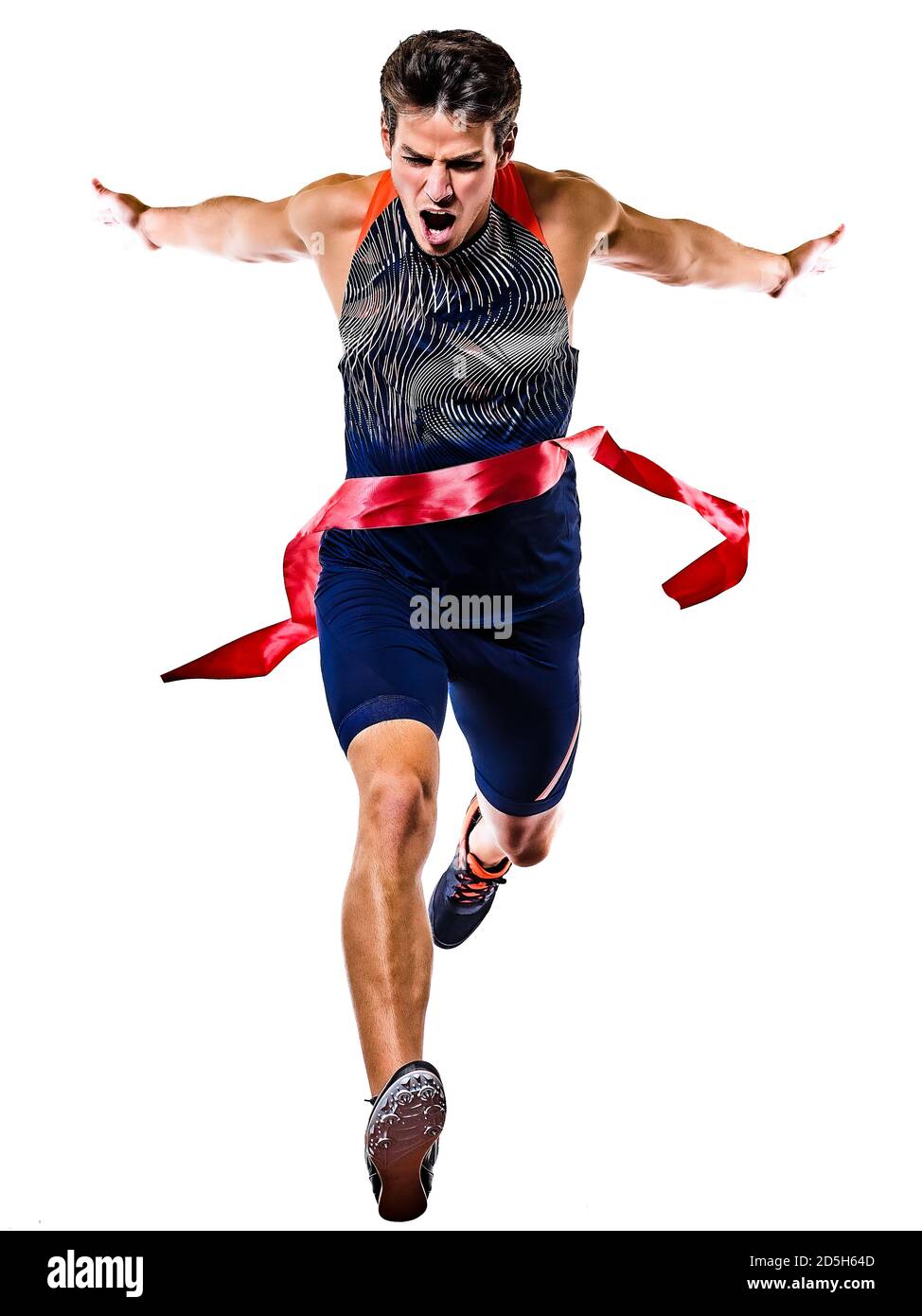 one young caucasian man practicing athletics runner running sprinter ...