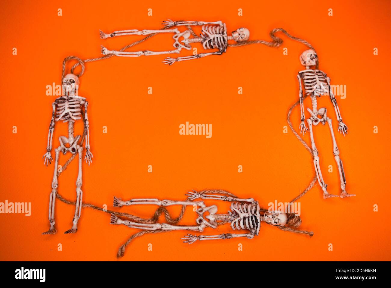 Four fake skeletons on a rope in the shape of a frame on an orange ...