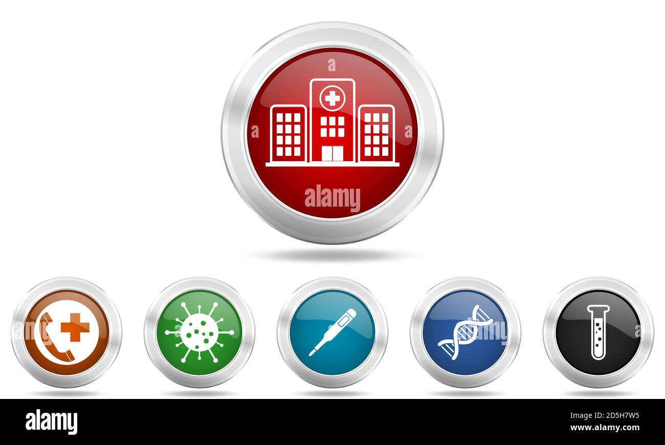 Silver metallic glossy icon set, medical and healthcare concept buttons ...