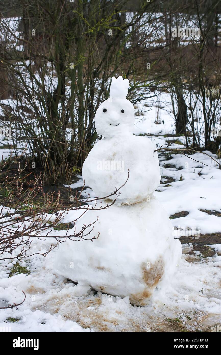 Cute snowman on rural yard Stock Photo - Alamy
