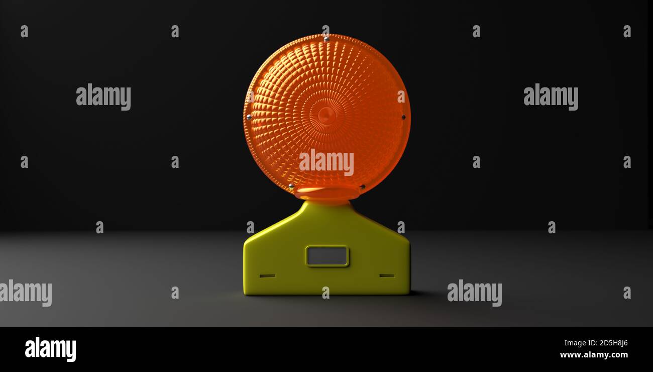 Warning flashing light isolated on dark black background. Construction ...