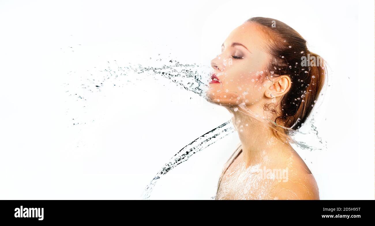 pretty woman with water splash. Beautiful model woman with a splash of ...