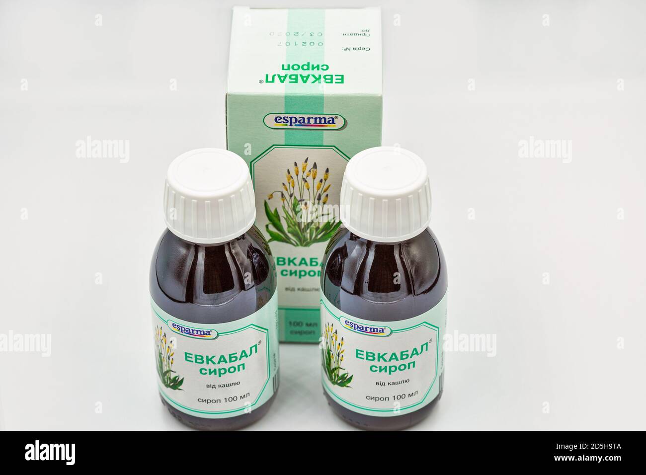 KYIV, UKRAINE - AUGUST 22, 2020: Studio shoot of herb Eucabal cough ...