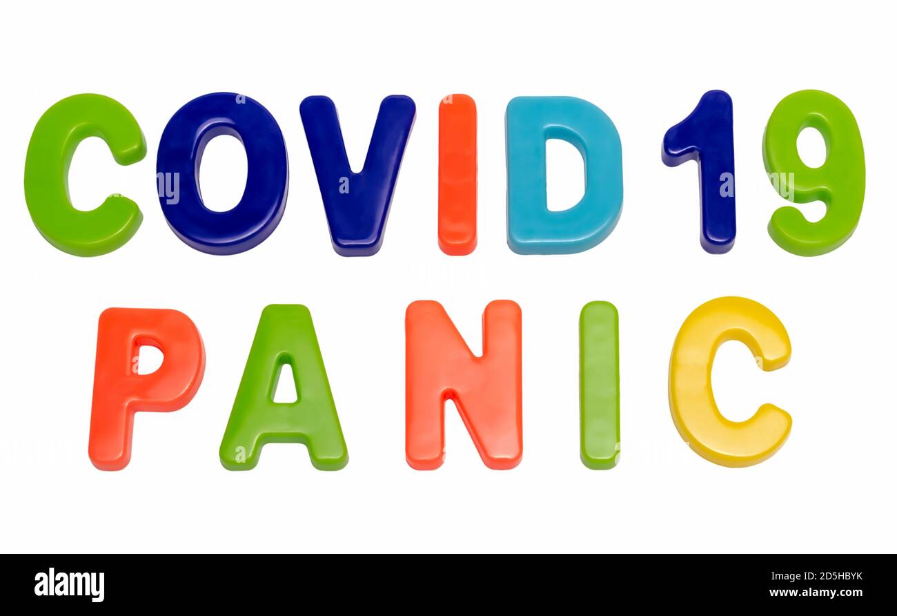 Coronavirus pandemic, text COVID-19 PANIC on a white background. Panic ...