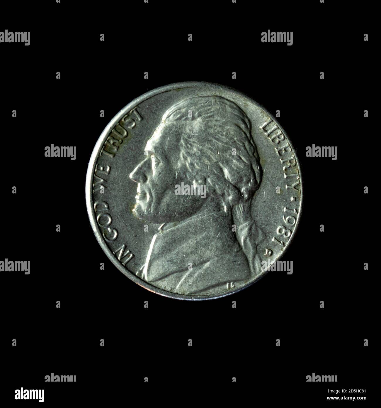 1981 D Jefferson Nickel isolated on the black background Stock Photo ...
