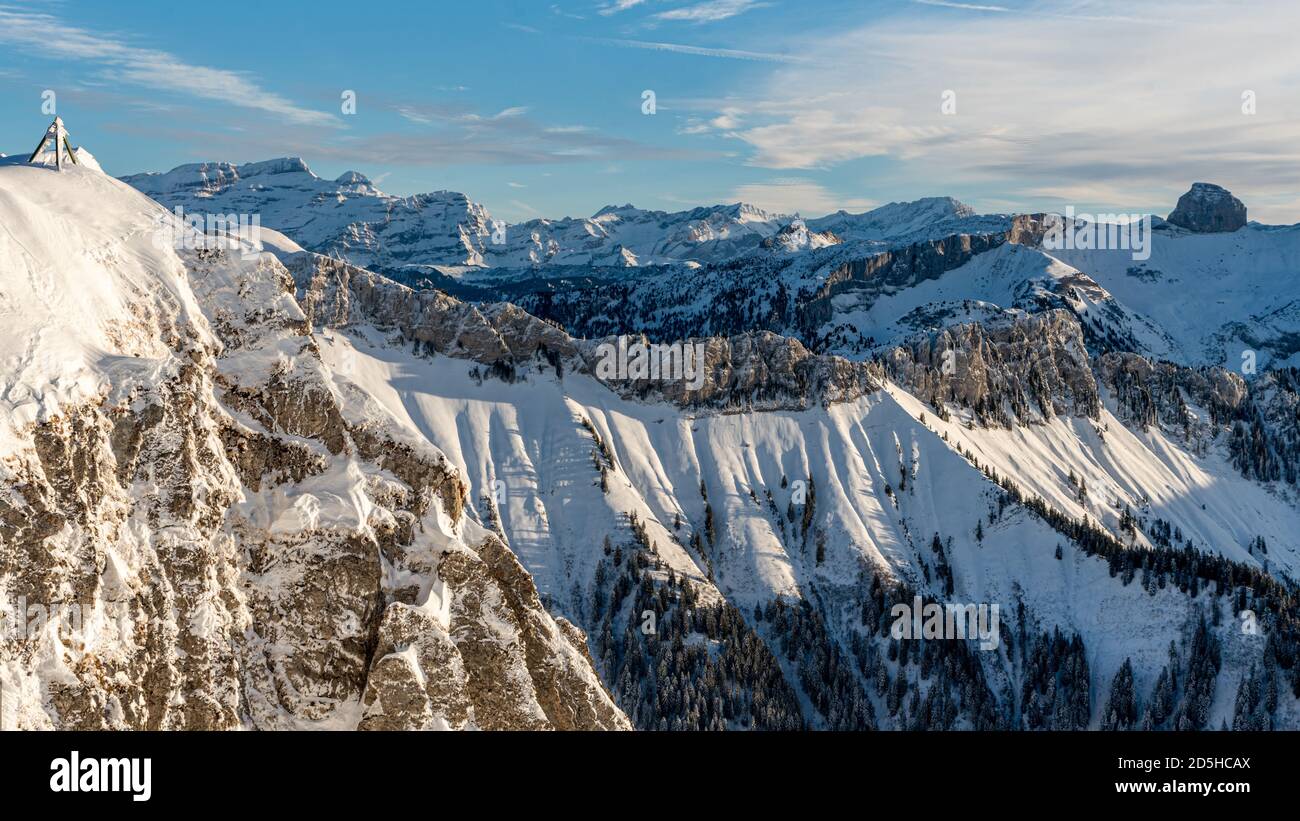 Snow covered mountains. Rochers-De-Naye in Switzerland. Tranquil scene ...
