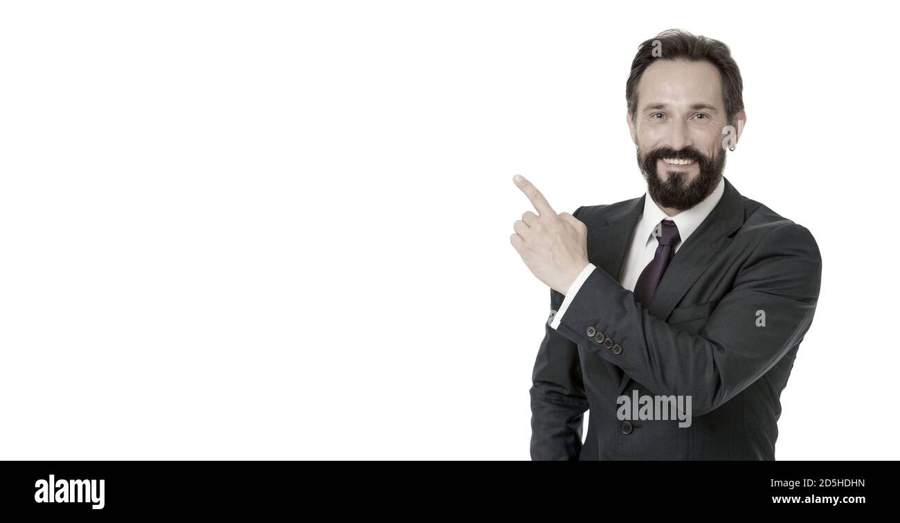 Businessman or manager shows direction. Look at that advertisement ...