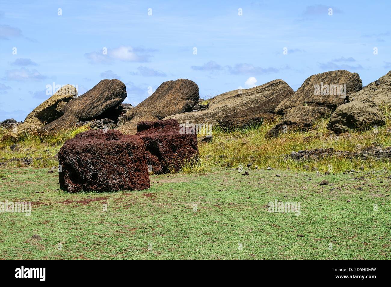 Moai at the at Ahu Akivi site on Easter Island lay as they have fallen ...