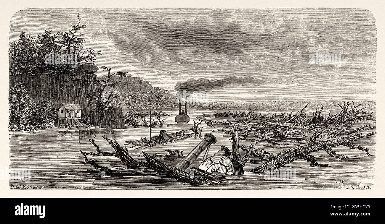 Steamboat sailing down the Missouri River, Nebraska, USA. Old XIX ...