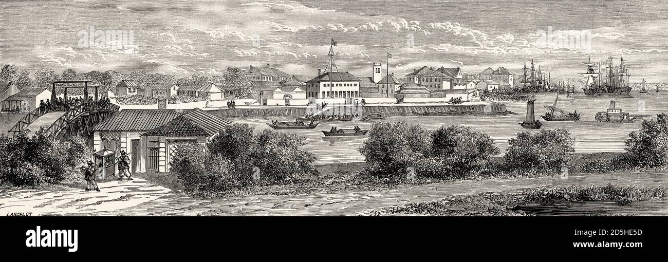 View of the American concession in Shanghai, China. Old XIX century ...