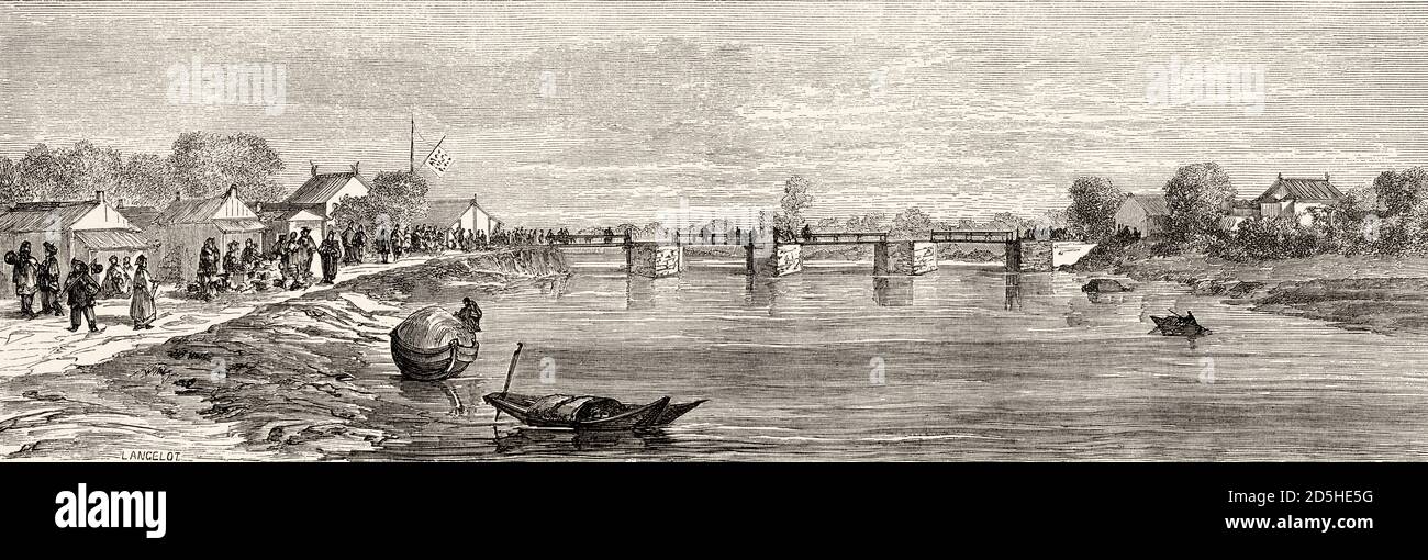 Bridge on the On-Tscieu coast at Shanghai, China. Old XIX century ...