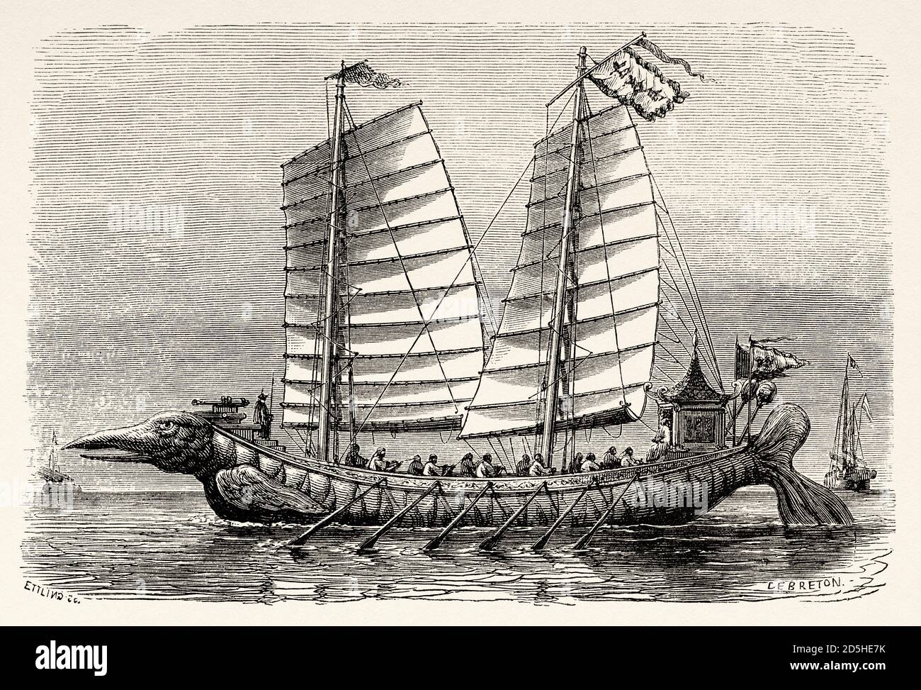 Customs junk in Tianjin, China. Old XIX century engraved Journey from ...