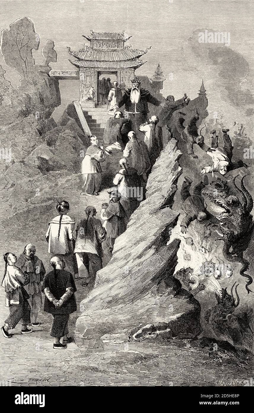 Way toward sky, Tianjin (Tien Tsin), China. Old XIX century engraved ...