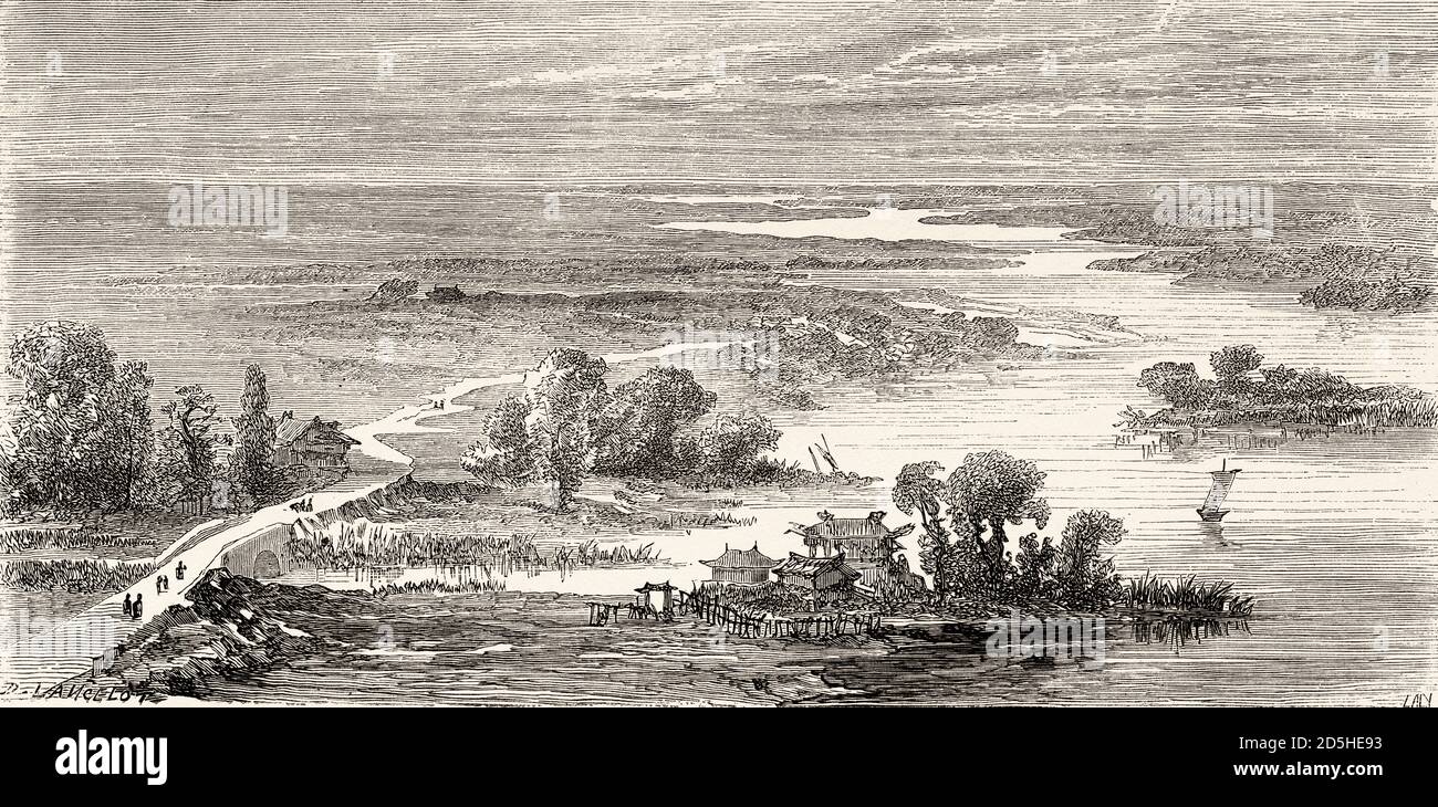 Hai river flowing between Beijing and Tianjin, China. Old XIX century ...