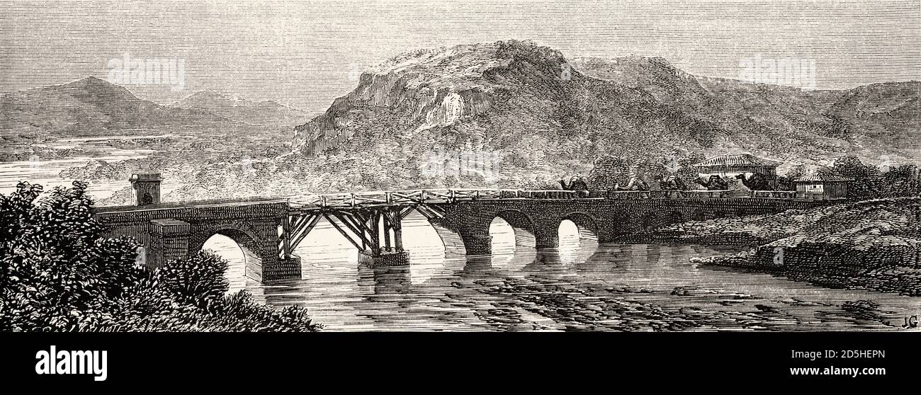 Old view of Antique Roman bridge over Sakaria river, Bithynia region ...