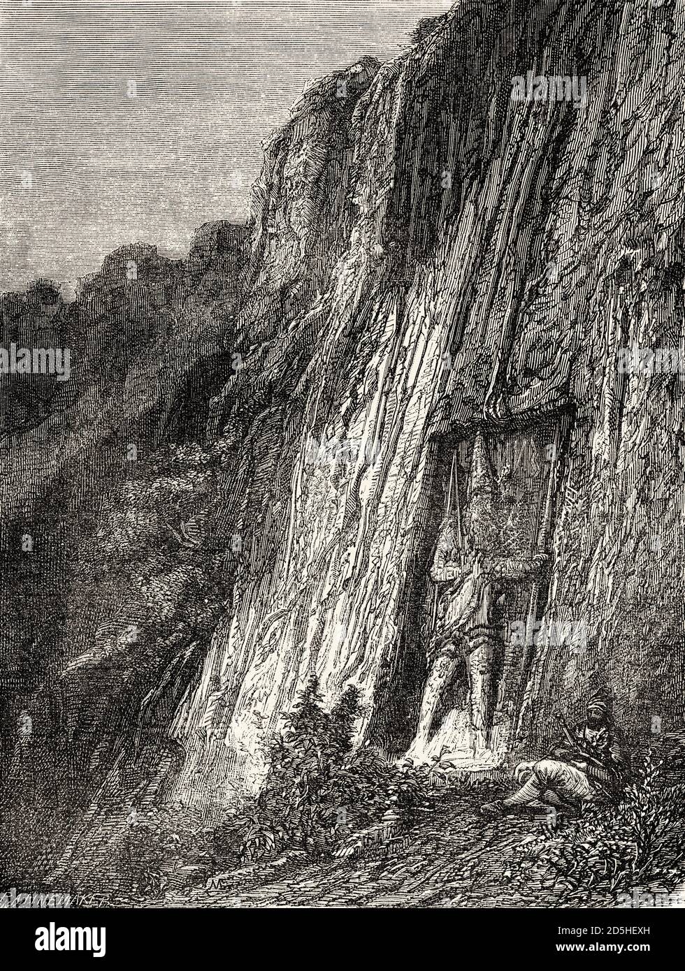 Luviari warrior bas relief at pass of Karabel, Turkey. Old XIX century ...