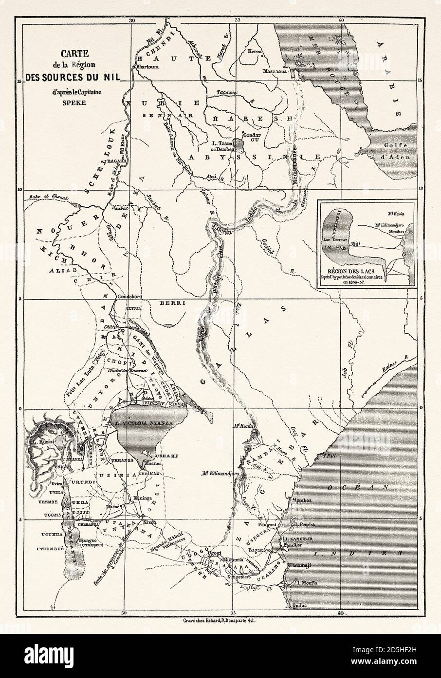 Old map of Nile sources region, Africa. Old XIX century engraved from ...