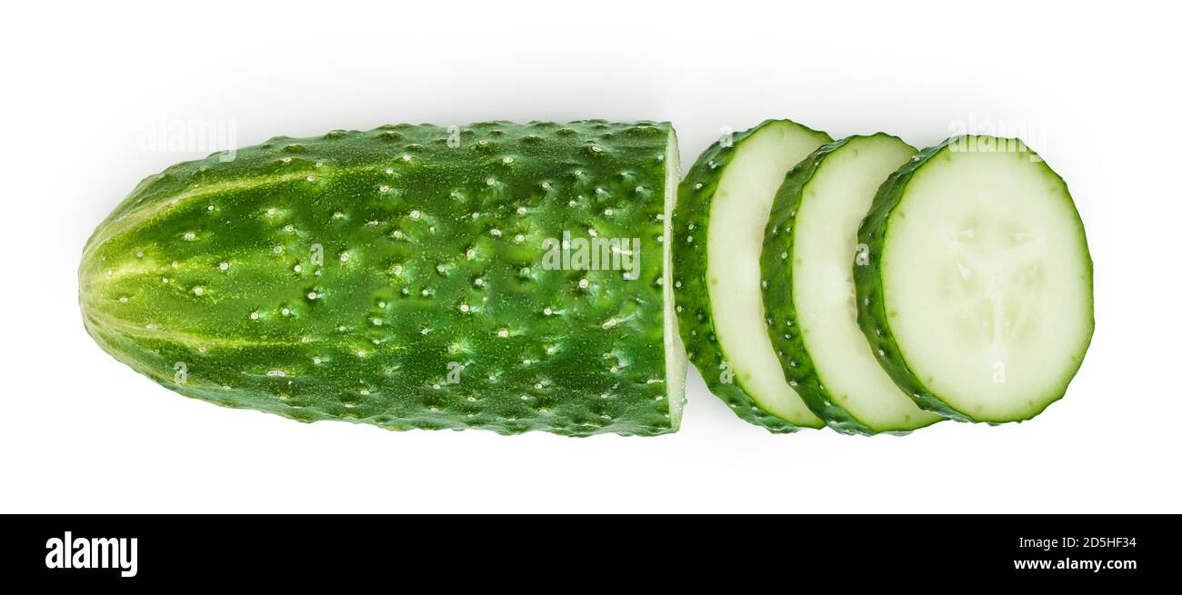 Sliced cucumber isolated on white background with clipping path and full depth of field, Top ...