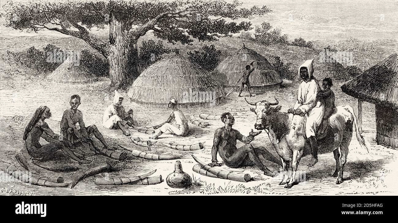 Ivory traders in southern Sudan, Africa. Old XIX century engraved from ...