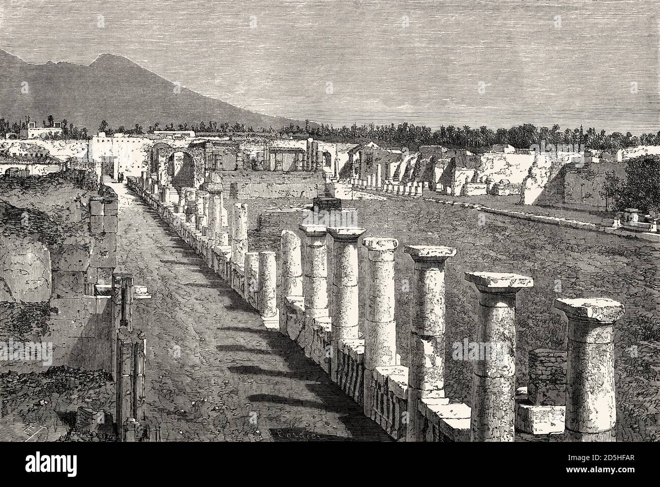 Temple of Venus ruins, Pompeii, Italy, Europe. Old XIX century engraved ...