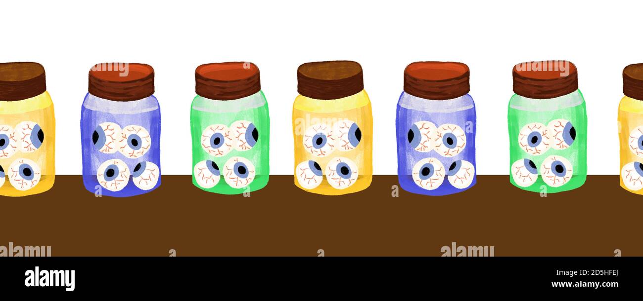 Eyeballs in glass bottle jar seamless Halloween border. Hand drawn ...