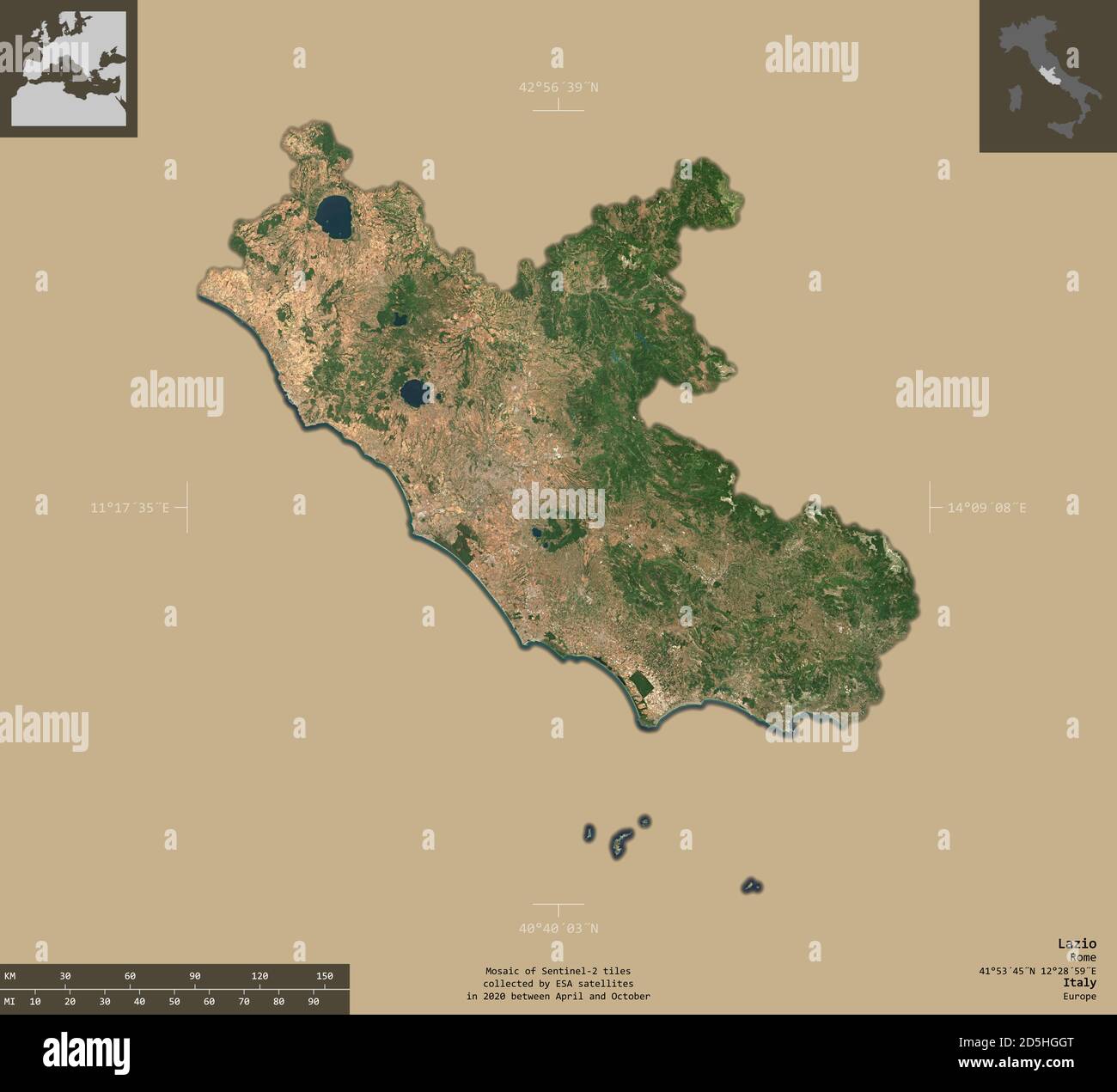 Lazio, region of Italy. Sentinel-2 satellite imagery. Shape isolated on ...