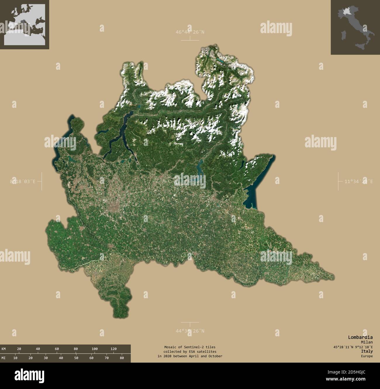 Lombardia, region of Italy. Sentinel-2 satellite imagery. Shape ...