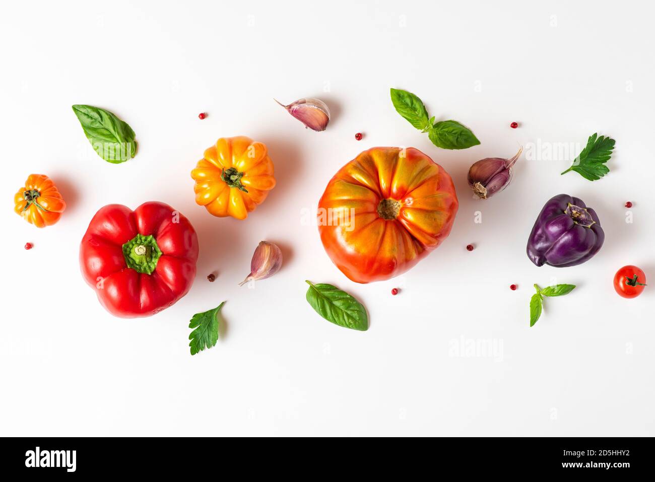 Tomato, basil, spices, pepper, garlic. Vegan diet food. Colorful ...