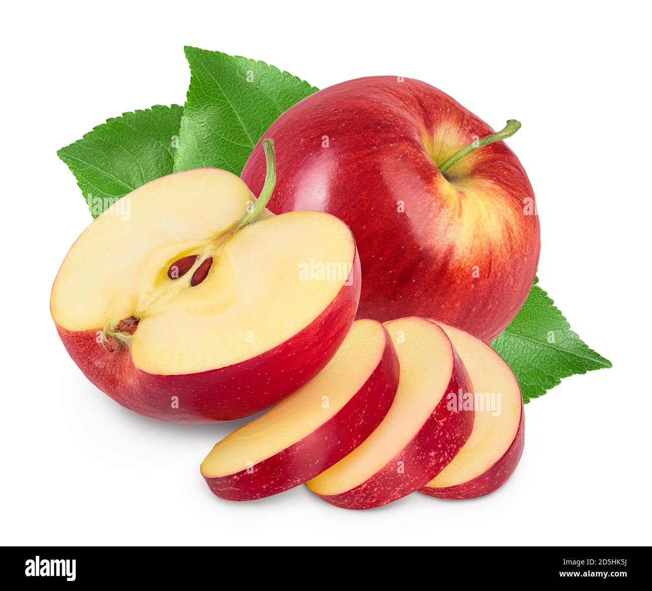Red apple with half and slices isolated on white background with ...