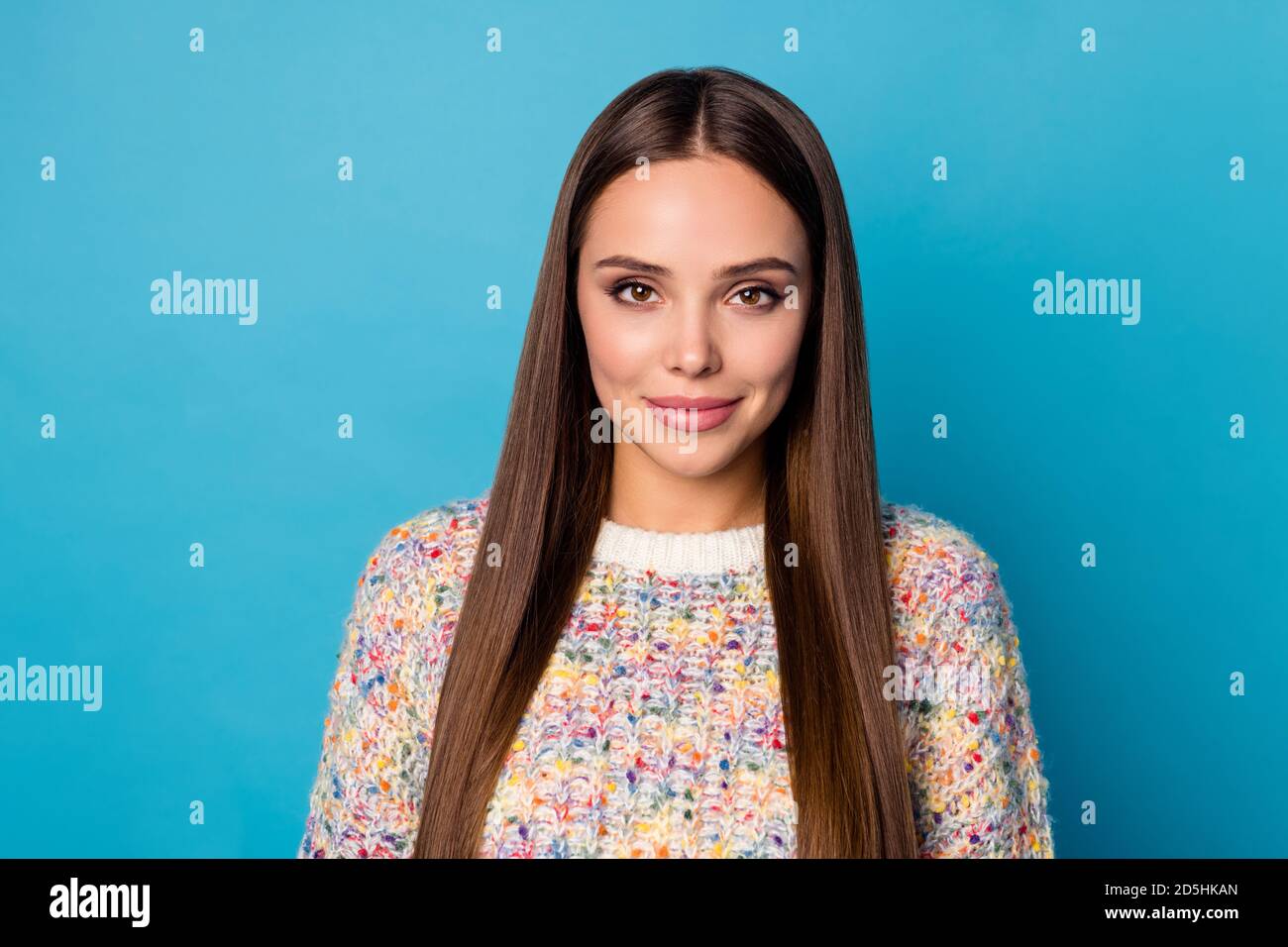 Closeup photo of cute attractive lady good mood smiling without teeth ...