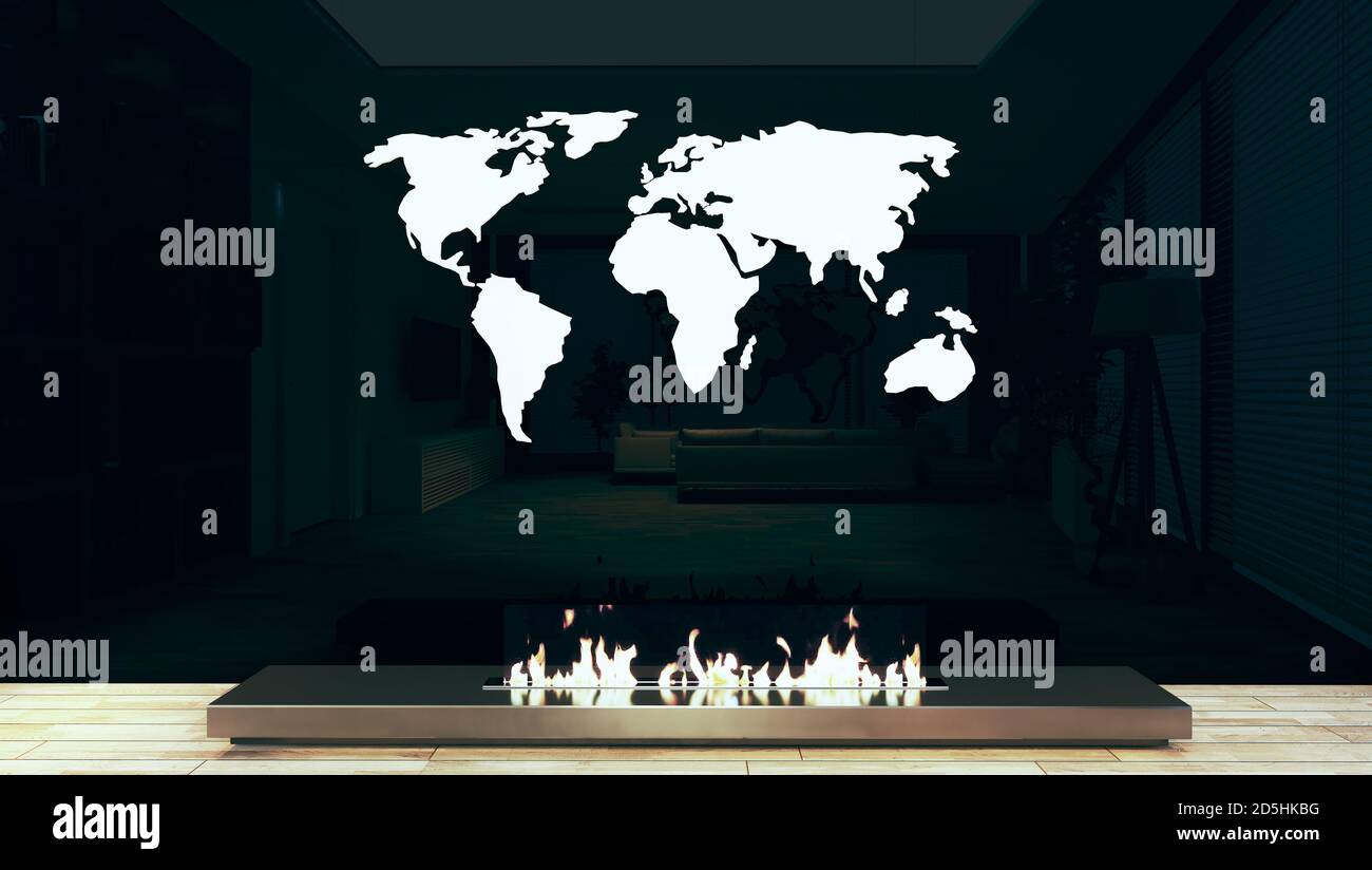 Modern chrome fireplace design idea with shiny glass wall and world map ...
