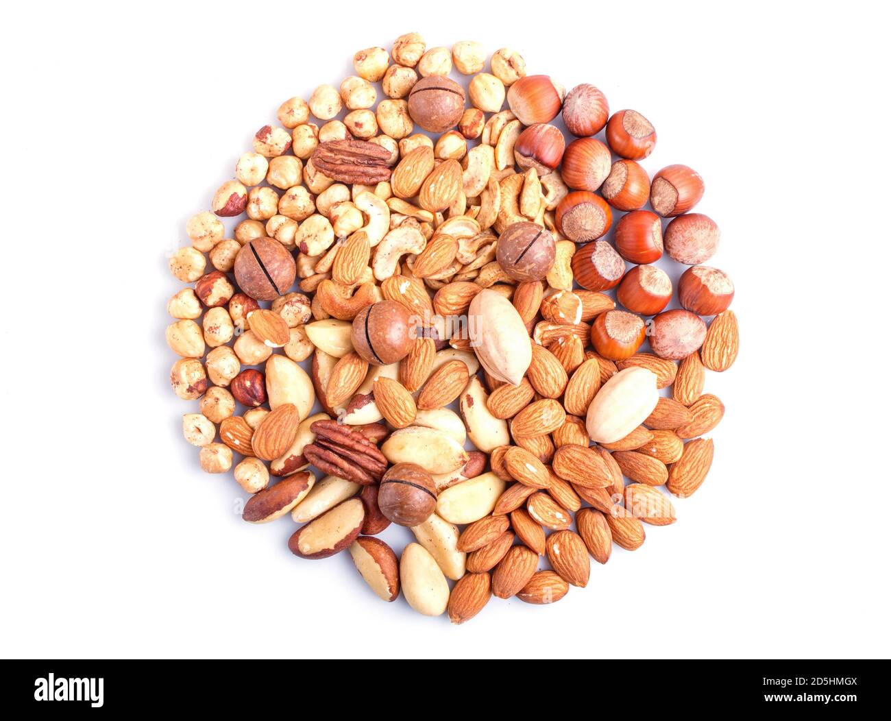 Circle made from different kinds of nuts isolated on white background ...