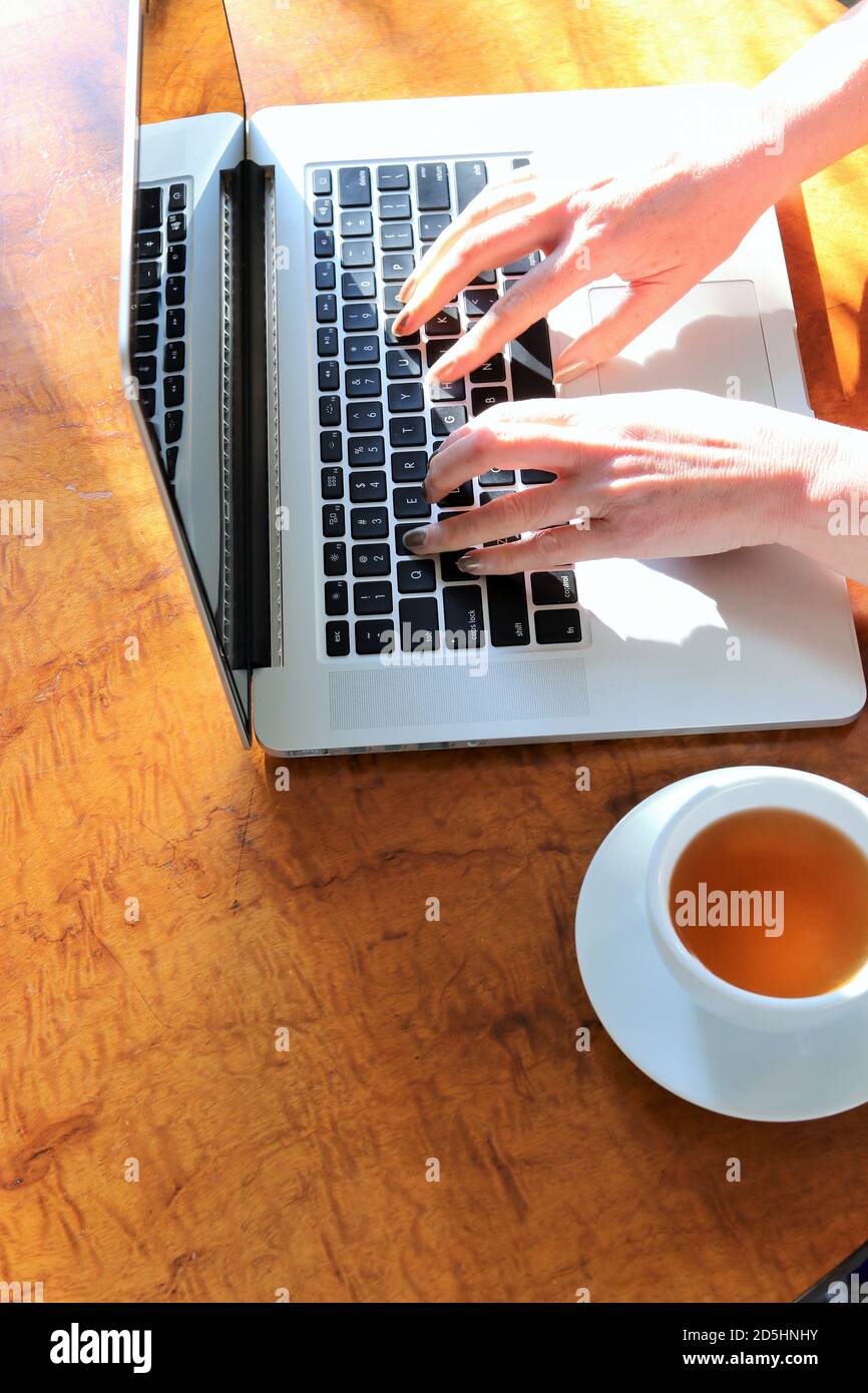 Woman working at laptop in home office with a steaming hot herbal tea ...