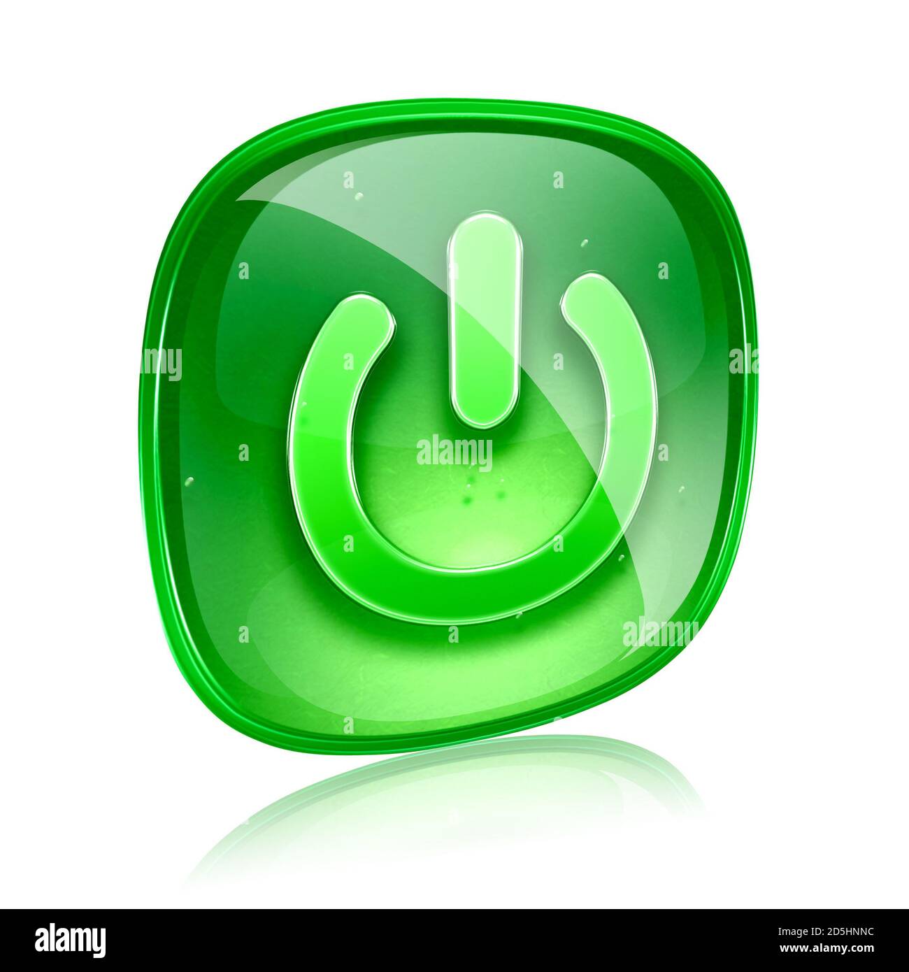 power icon green glass, isolated on white background Stock Photo - Alamy