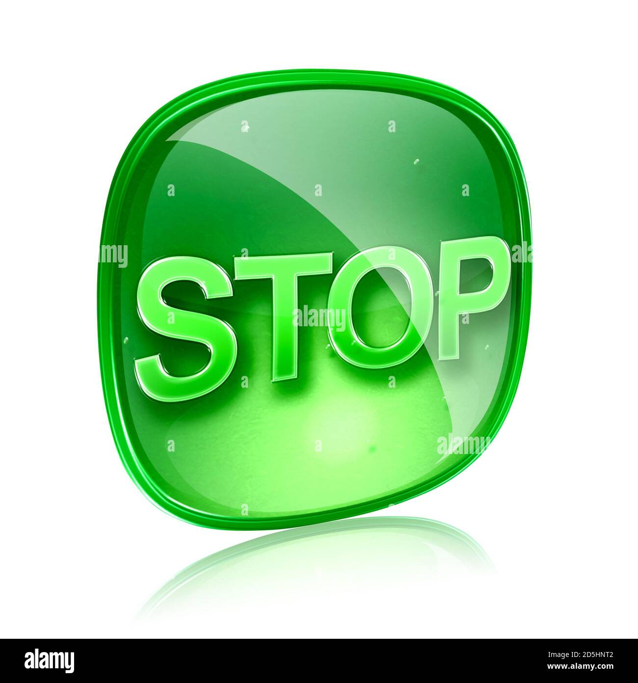 Stop icon green glass, isolated on white background Stock Photo - Alamy
